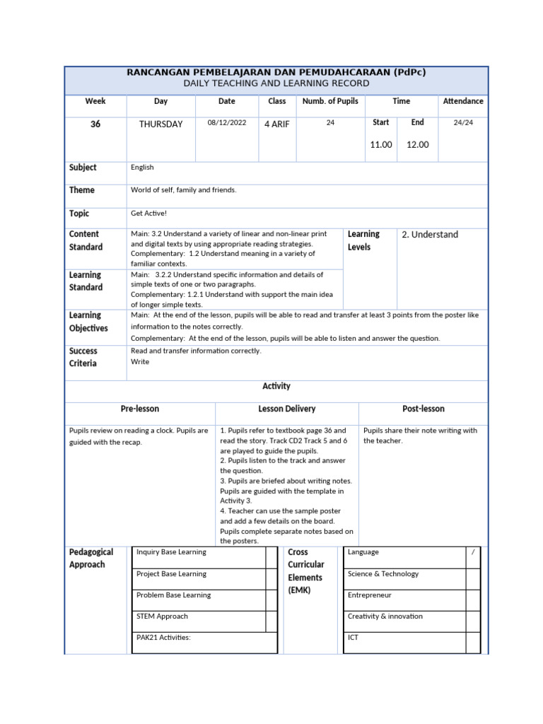 Daily Teaching Record for English Class | PDF | Pedagogy | Cognitive ...