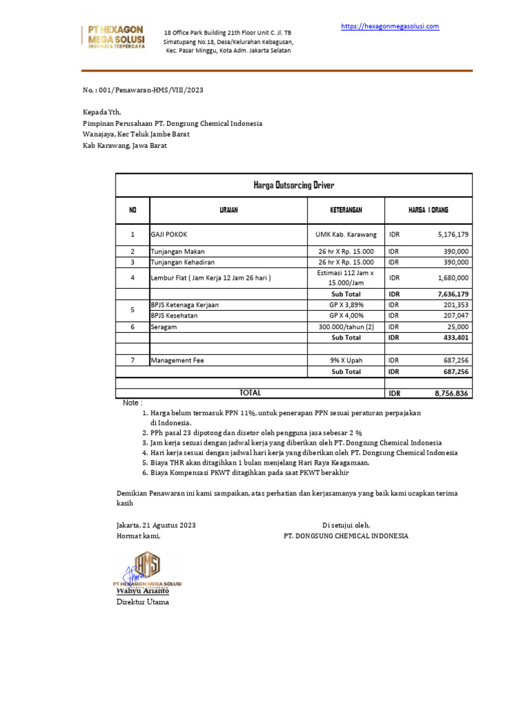 1-Penawaran Harga Outsourcing Driver HMS Pdf-After Nego | PDF | Indonesia | Finance & Money ...