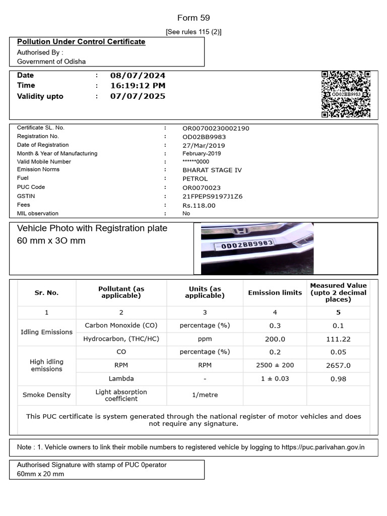 Vehicle Photo With Registration Plate 60 MM X 3O MM: Form 59 | PDF ...