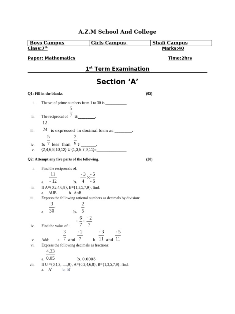 AZM Class 7th Paper | PDF