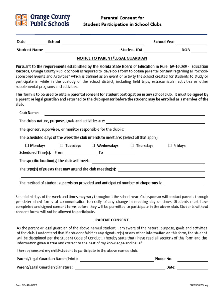Parental Consent For Student Participation in Clubs | PDF