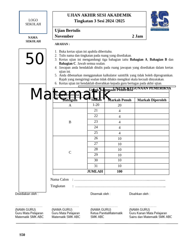 TEMPLATE UASA 50 MATEMATIK | PDF