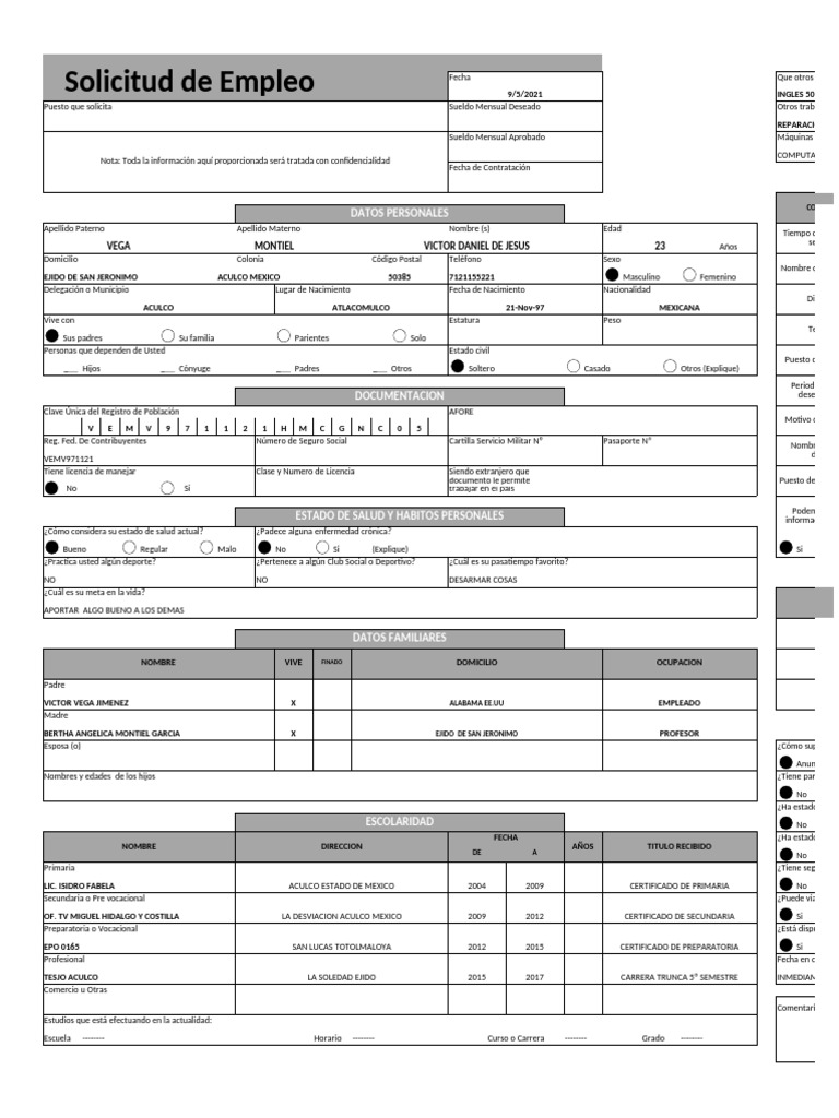 Solicitud de Empleo: Datos Personales | PDF