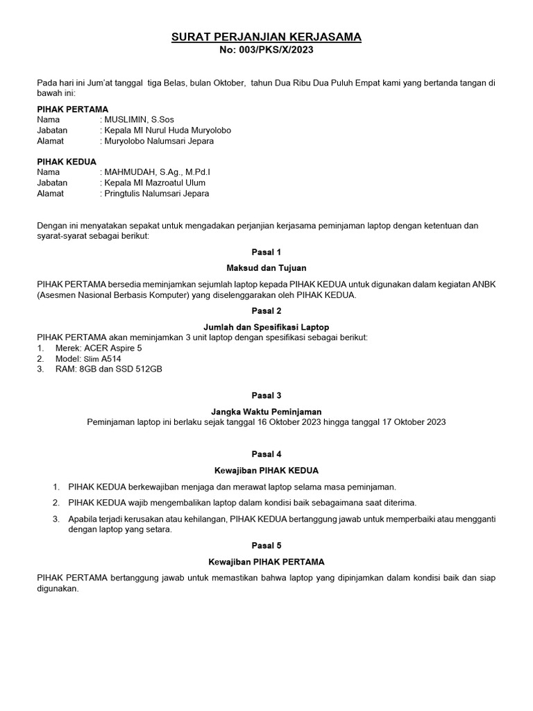 Perjanjian Peminjaman Laptop ANBK | PDF