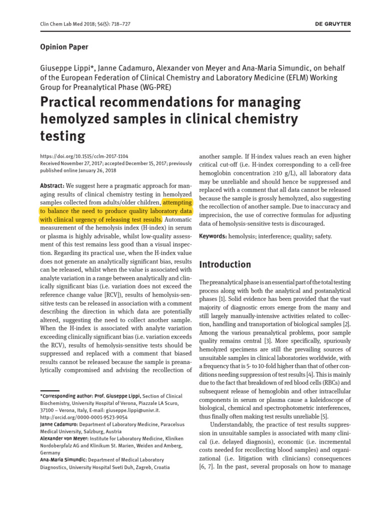 Hemolyzed Sample Management Guide | PDF | Blood Plasma | Medical Laboratory