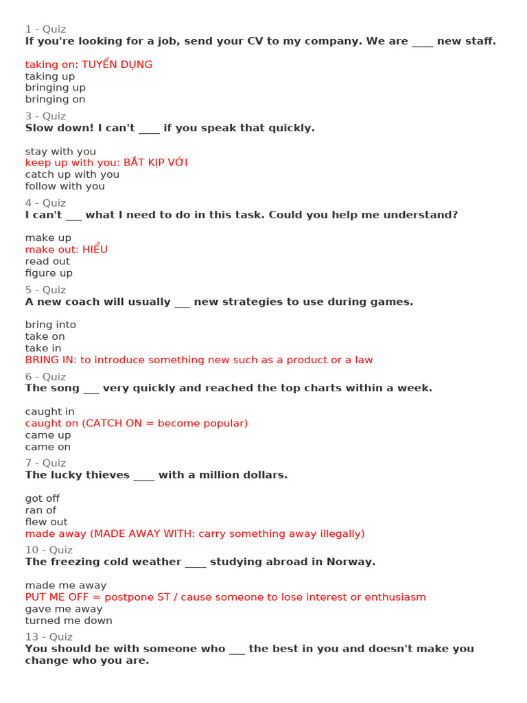 CAE Phrasal Verbs - Kahoot Recap - KEY | PDF