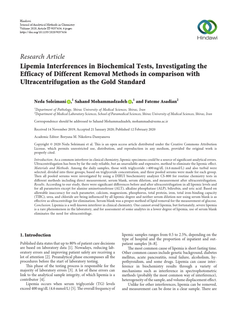 2020 - Lipemia Interferences in Biochemical Tests, Investigating The | PDF
