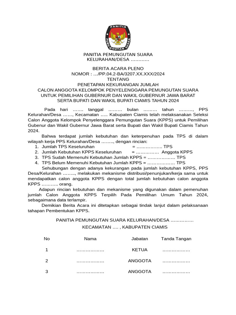 BERITA ACARA PENETAPAN KEKURANGAN KPPS PILKADA 2024 - Use PPS | PDF