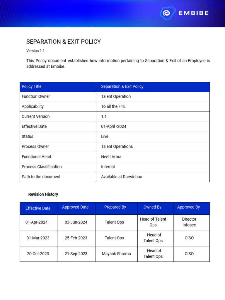 Separation & Exit Policy 1.1 | PDF