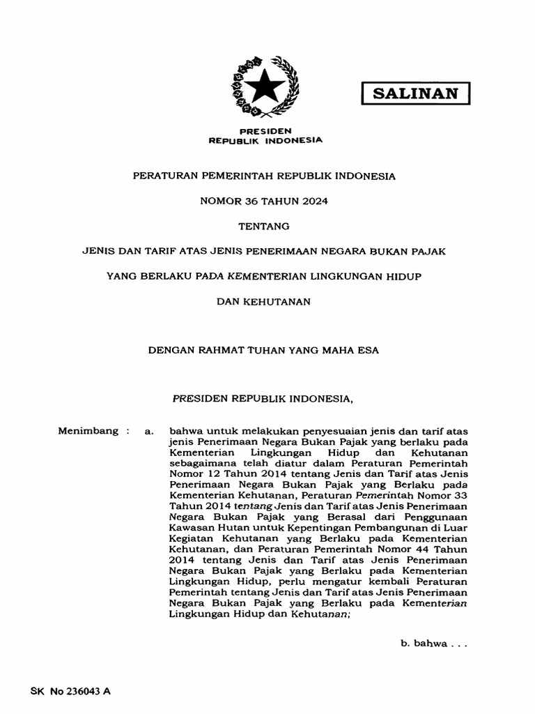 PP 36 tahun 2024 Jenis dan Tarif PNBP KLHK | PDF