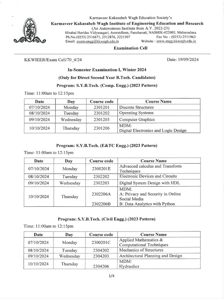 70 - 4 DSY S.Y.B.tech. ISE-I (2023 Pat) Time Table - 2024-25 | PDF