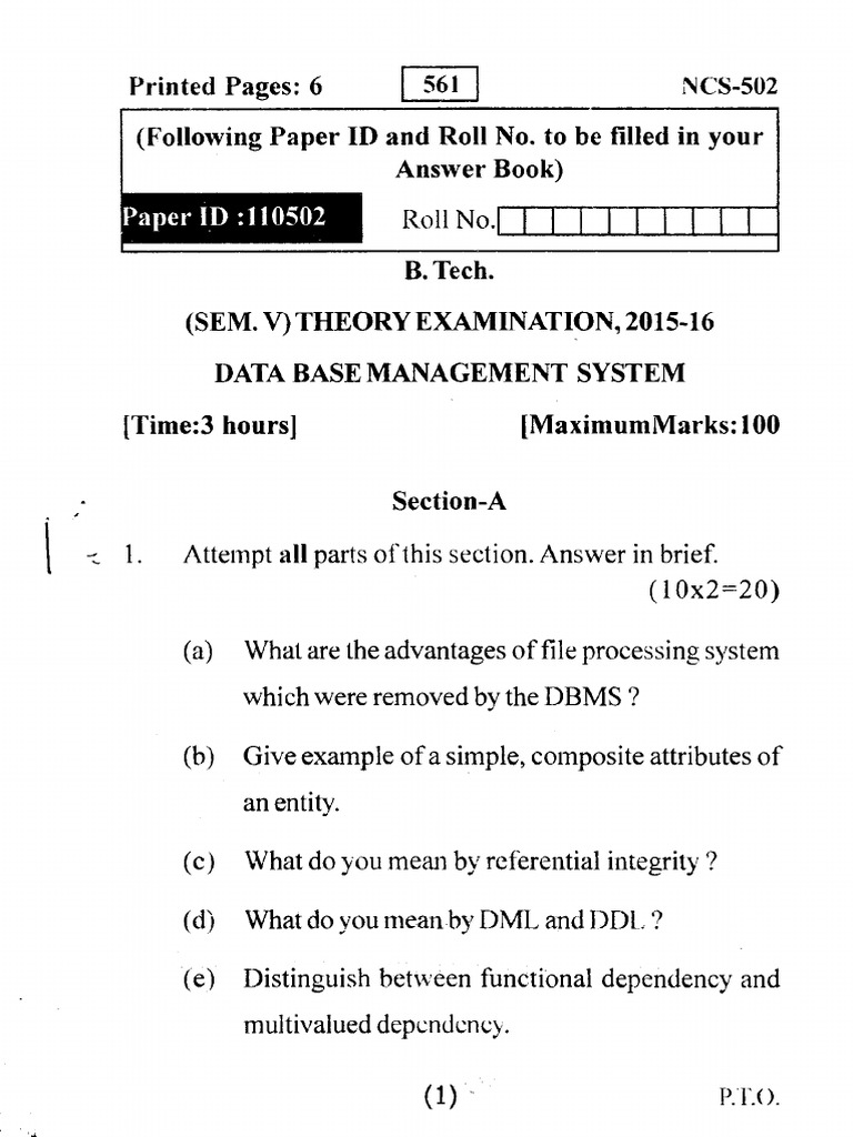 Data Base Management System 15 16 Paper Pdf 