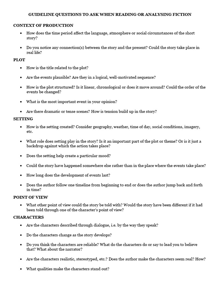 Guideline Questions To Ask When Reading or Analysing Fiction | PDF