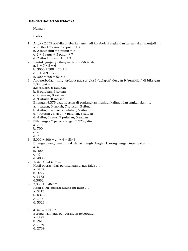 Soal Ulangan MTK KLS 3 | PDF