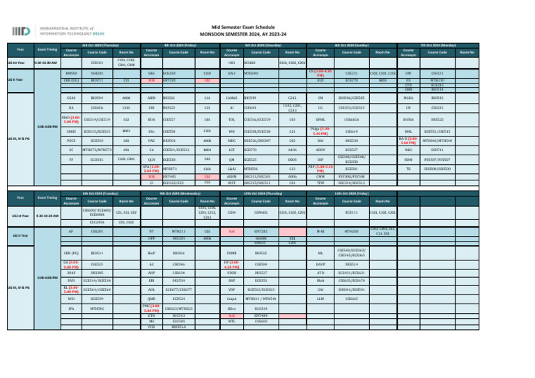 Mid Semester Exam Schedule 2024 | PDF