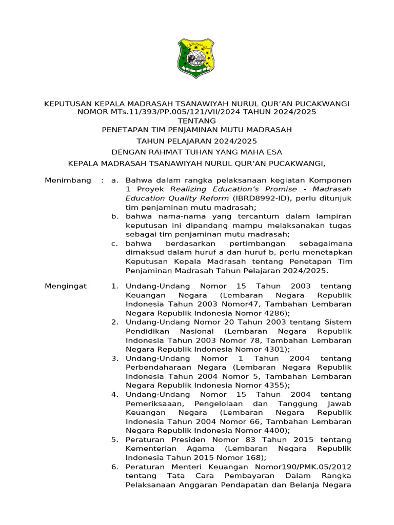 SK Tim Penjamin Mutu Madrasah. 2024-2025 | PDF