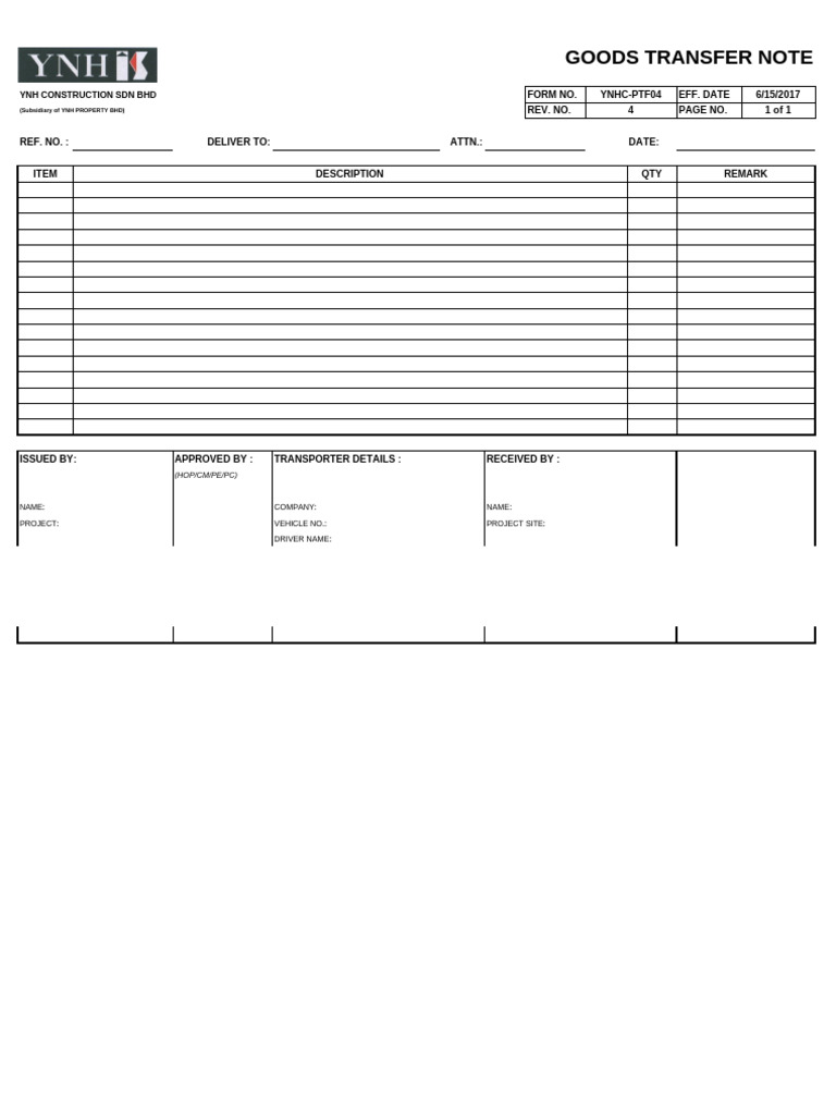 YNHC-PTF04 Goods Transfer Note NEW | PDF