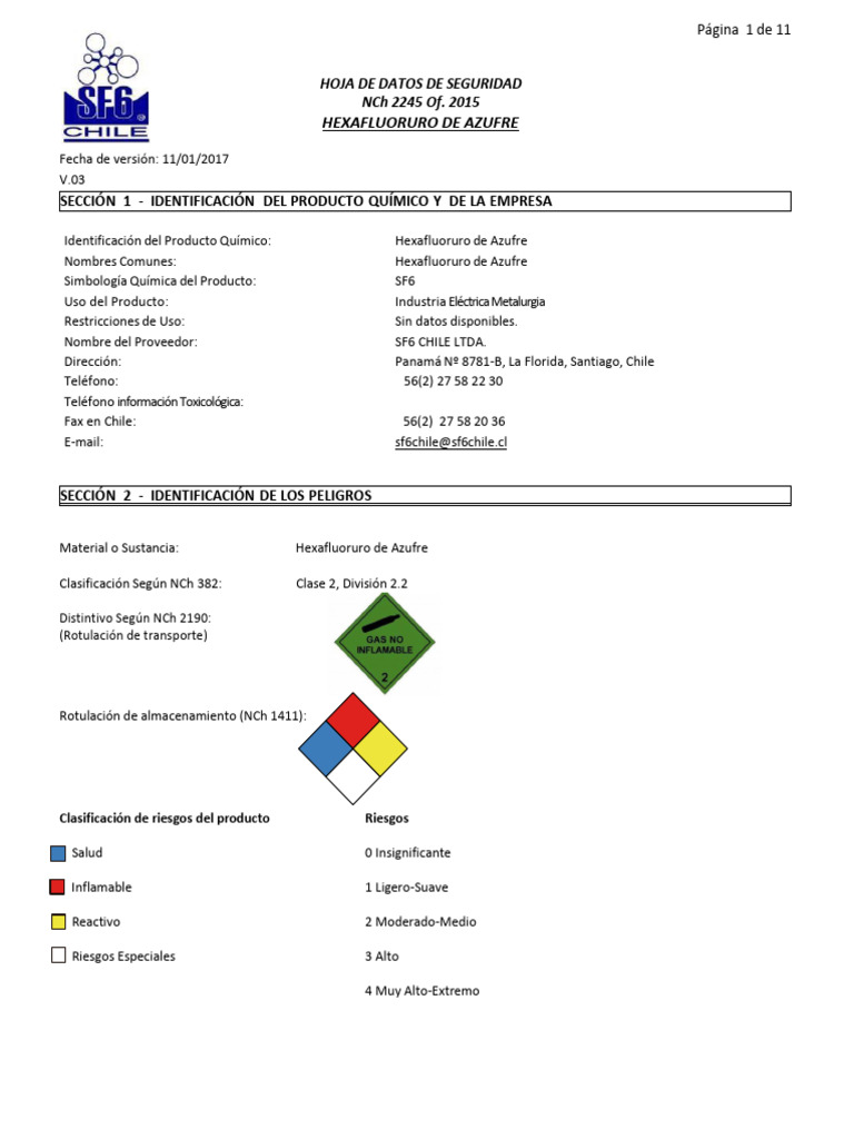 Anexo 1 HDS HEXAFLUORURO DE AZUFRE MSDS. V.03 | PDF