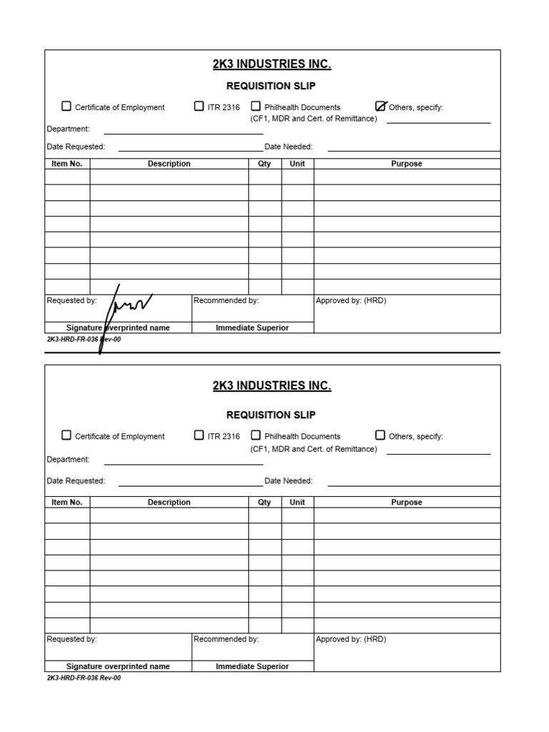 2K3-HRD-FR-036 Rev.00 REQUISITION FORM - XLSX - 2K3 | PDF