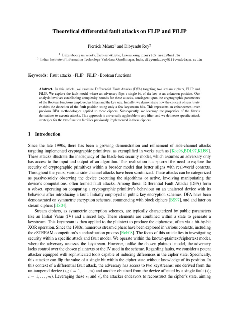 Theoretical Differential Fault Attacks On Flip and Filip: Keywords | PDF