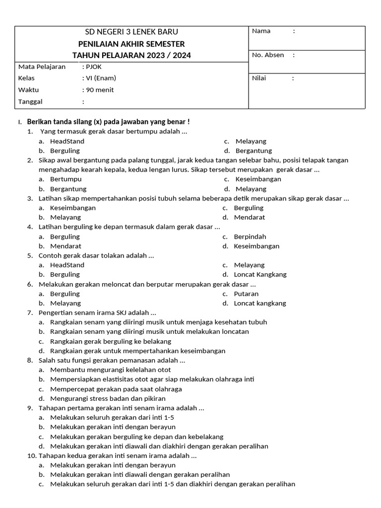 Soal PAS PJOK Kelas 6 Semester 2 | PDF