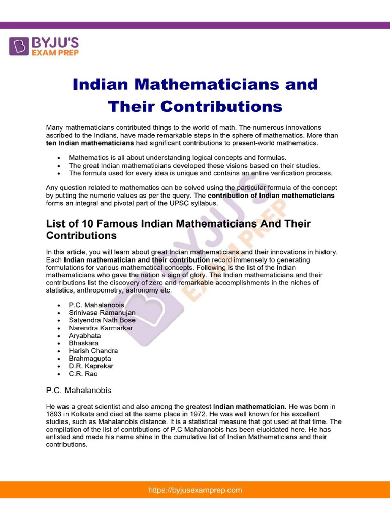 Indian Mathematicians and Their Contributions Upsc Notes 66 | PDF