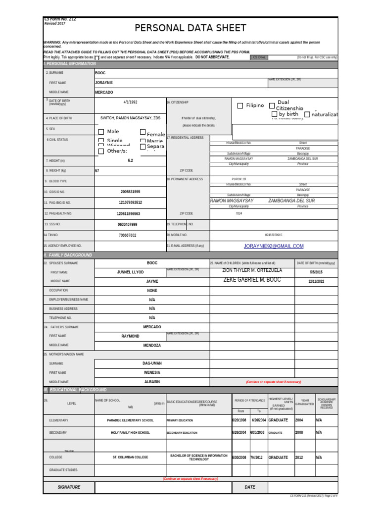 CS Form No. 212 Personal Data Sheet Excel Form | PDF
