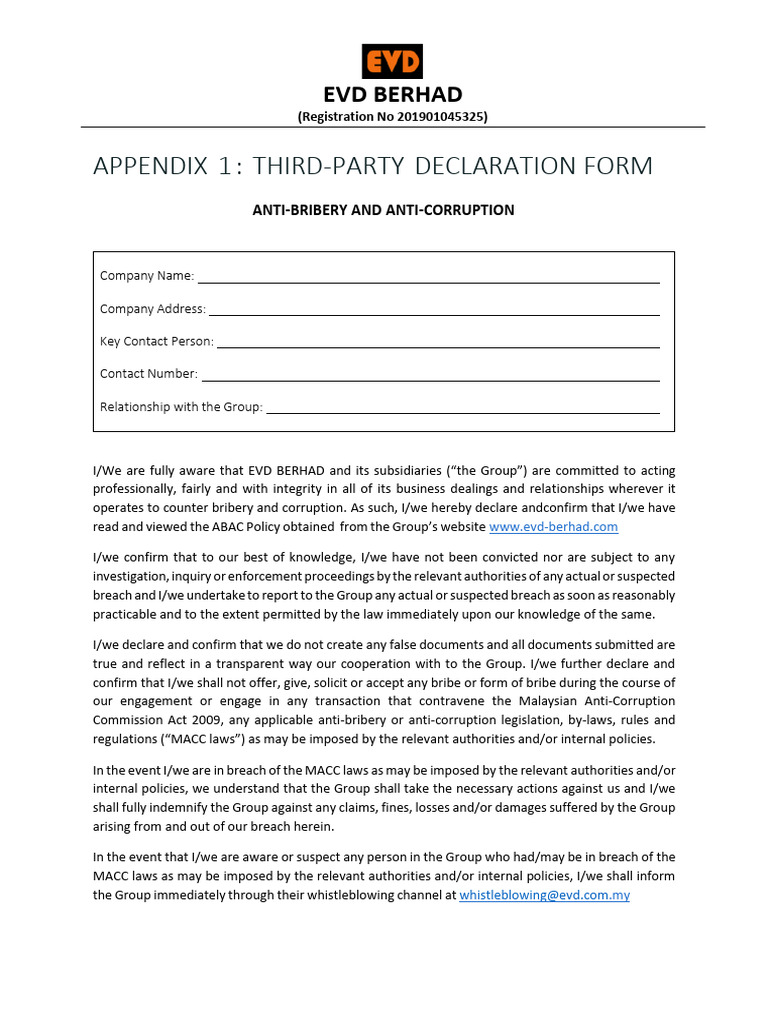 APPENDIX 1-Third Party Declaration Form | PDF