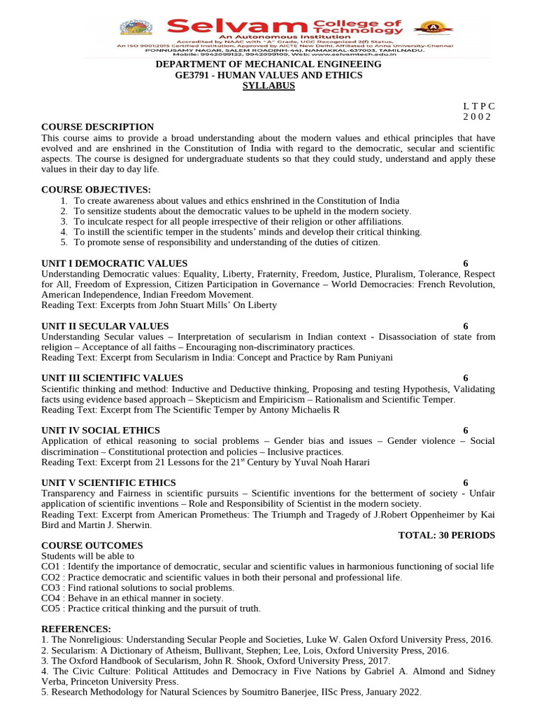 Human Values and Ethics Syllabus | PDF
