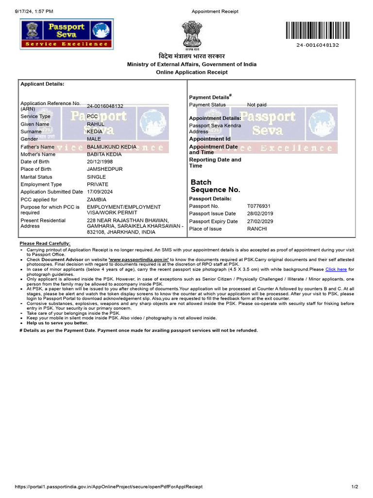 Appointment Receipt | PDF