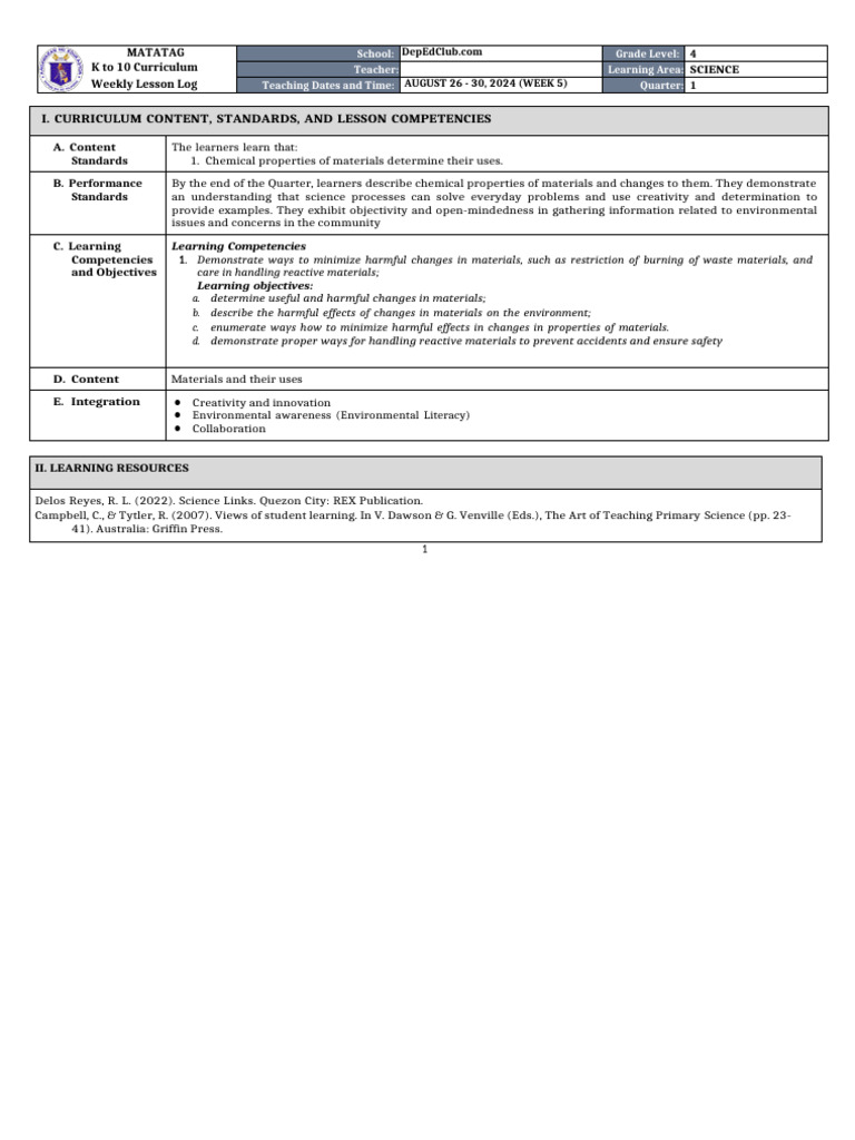 DLL Matatag - Science 4 q1 w5 | PDF
