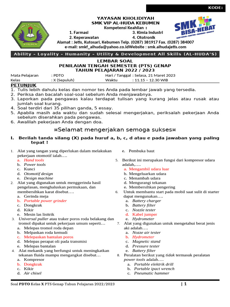 Soal PTS Genap PDTO OTOTRONIK KELAS X | PDF