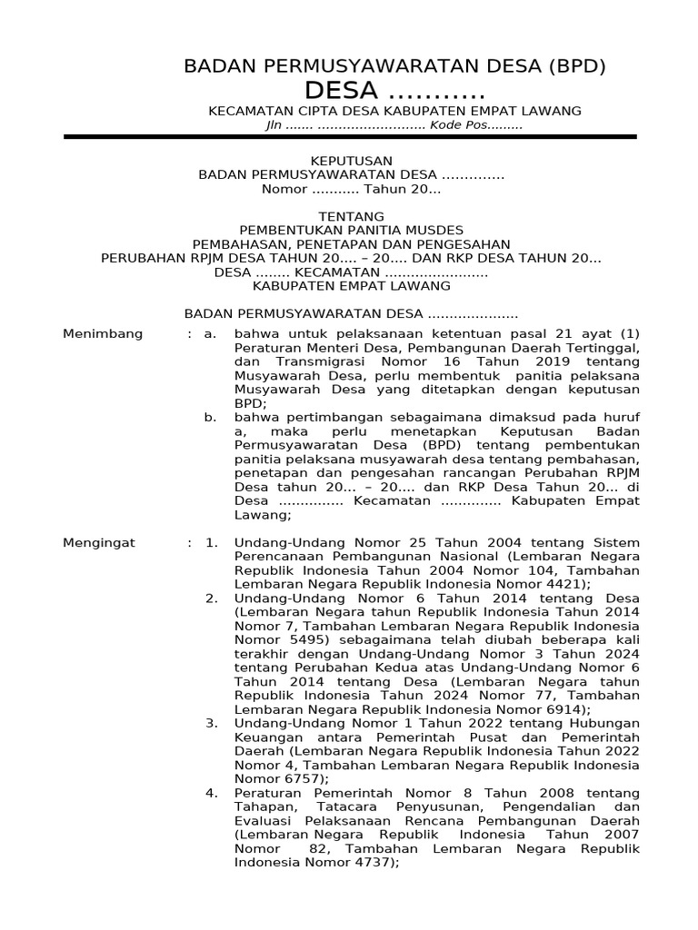 SK Panitia Musdes Pengesahan Perubahan RPJMDES | PDF