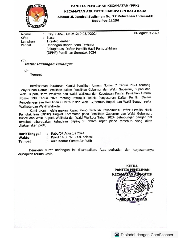 028 - Surat Undangan Pleno DPHP Tingkat Kecamatan | PDF