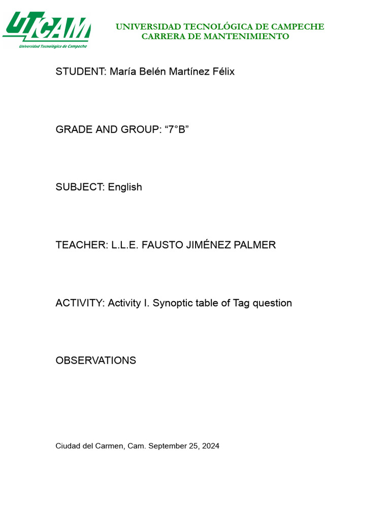 Activity I. Synoptic Table of Tag Question | PDF | Question | Linguistics