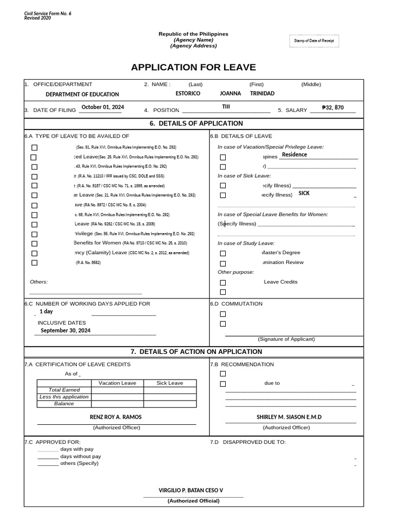 CS Form No. 6, Revised 2020 (Application For Leave) (Fillable) | PDF