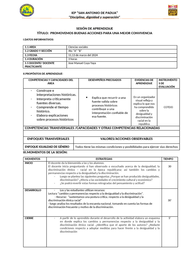 SESIÓN_DE_APRENDIZAJE 4TO CCSS | PDF