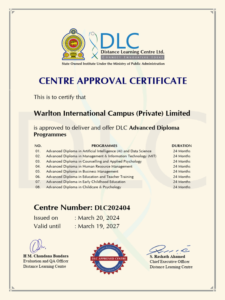 DLC Centre Approval Certificate 2024 - Warlton International Campus ...