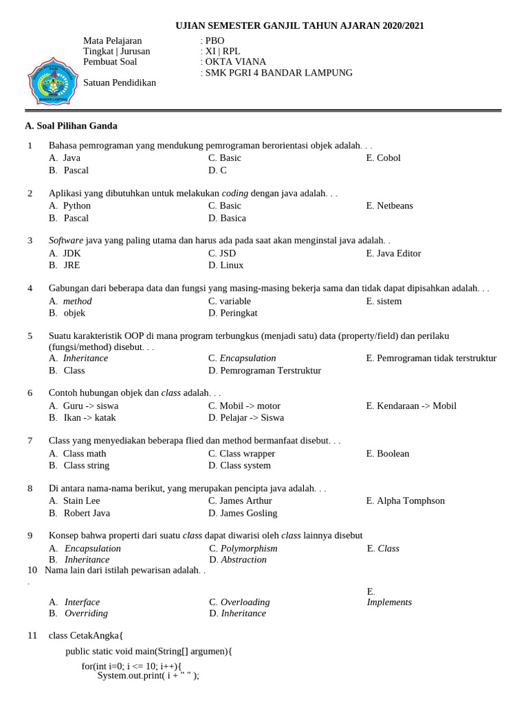 Coding: Ujian Semester Ganjil Tahun Ajaran 2020/2021 | PDF