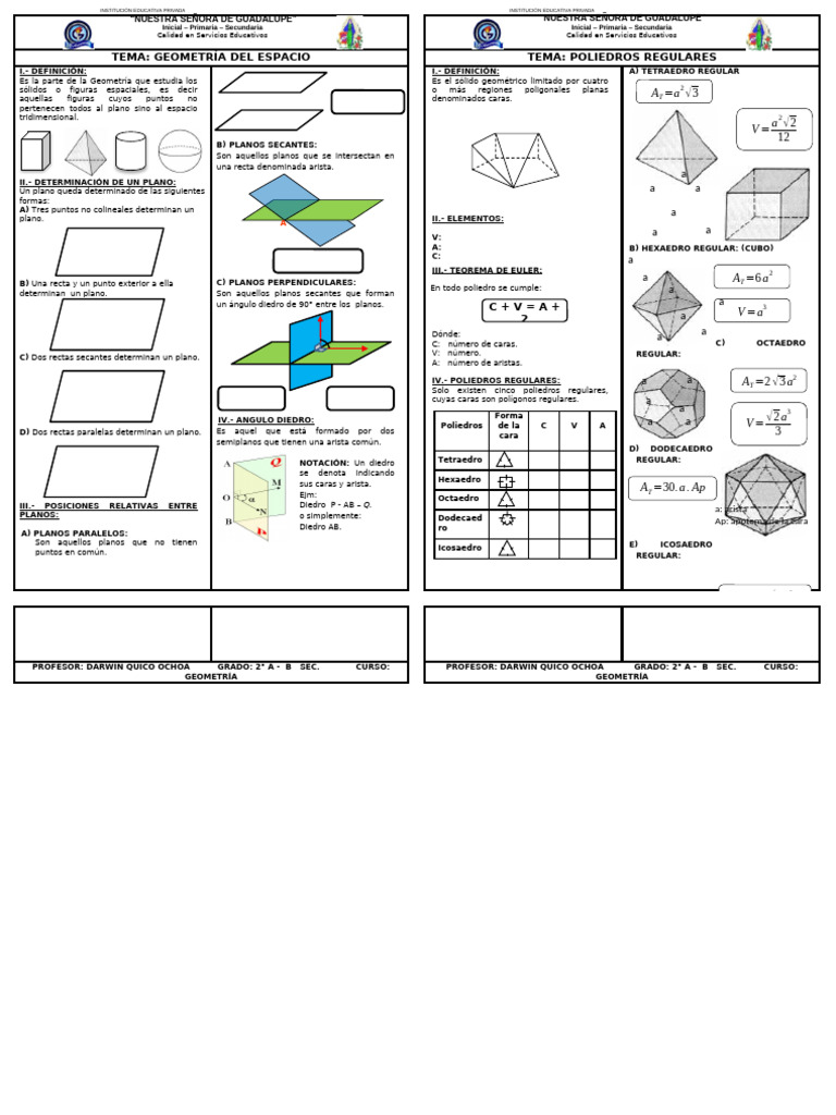 FICHA DE TRABAJO 2 A° - B - Geometria GEOMETRIA DEEL ESPACIO - POLIEDROS | PDF