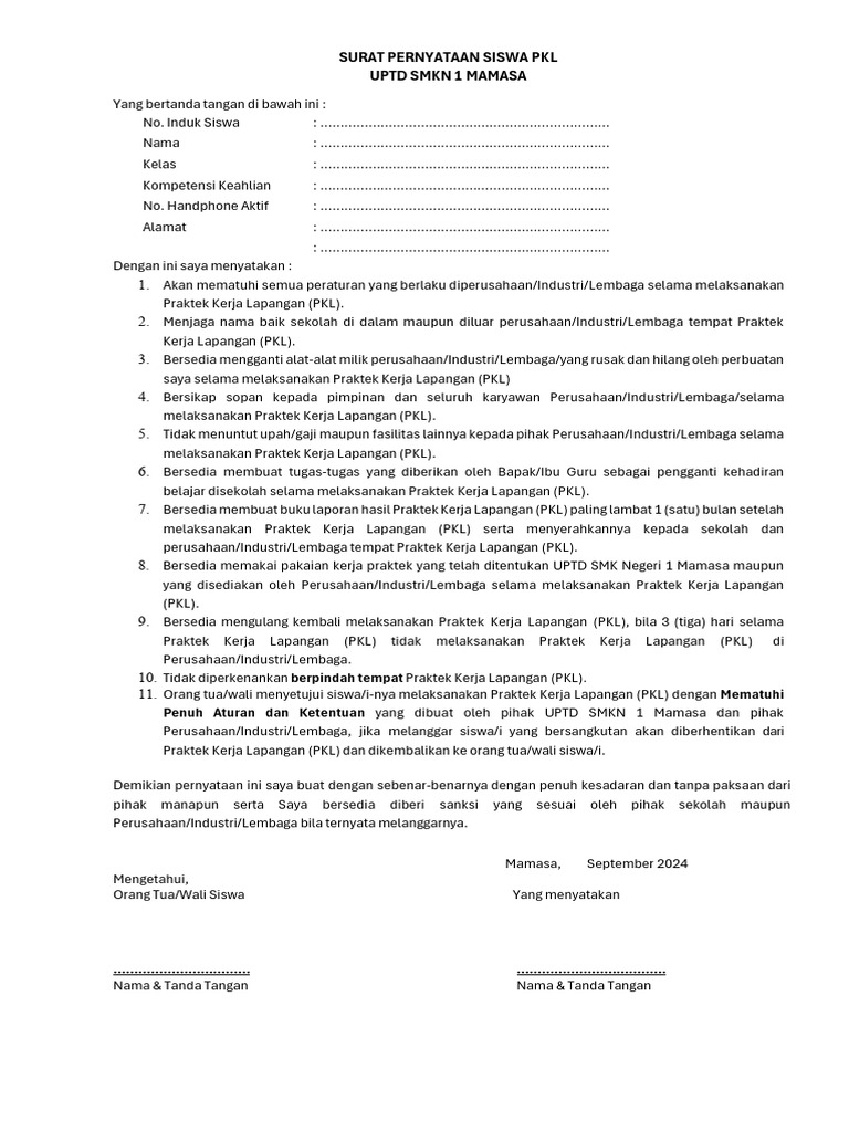 Surat - Pernyataan PKL | PDF