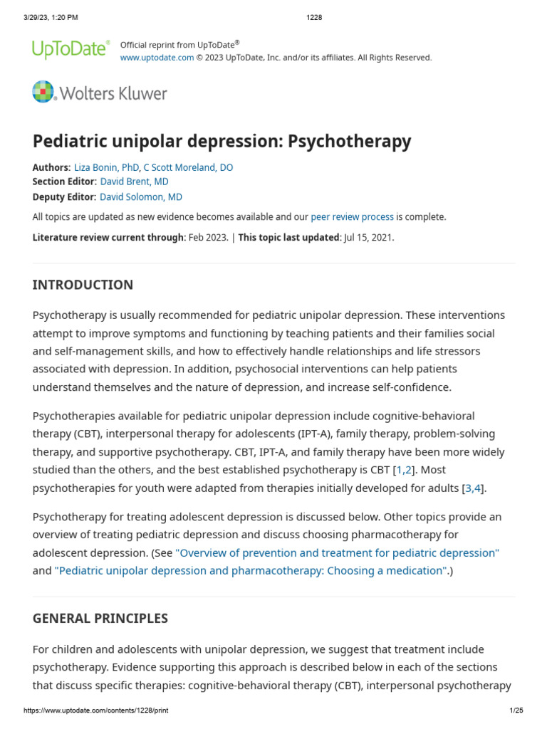 Pediatric Unipolar Depression: Psychotherapy | PDF