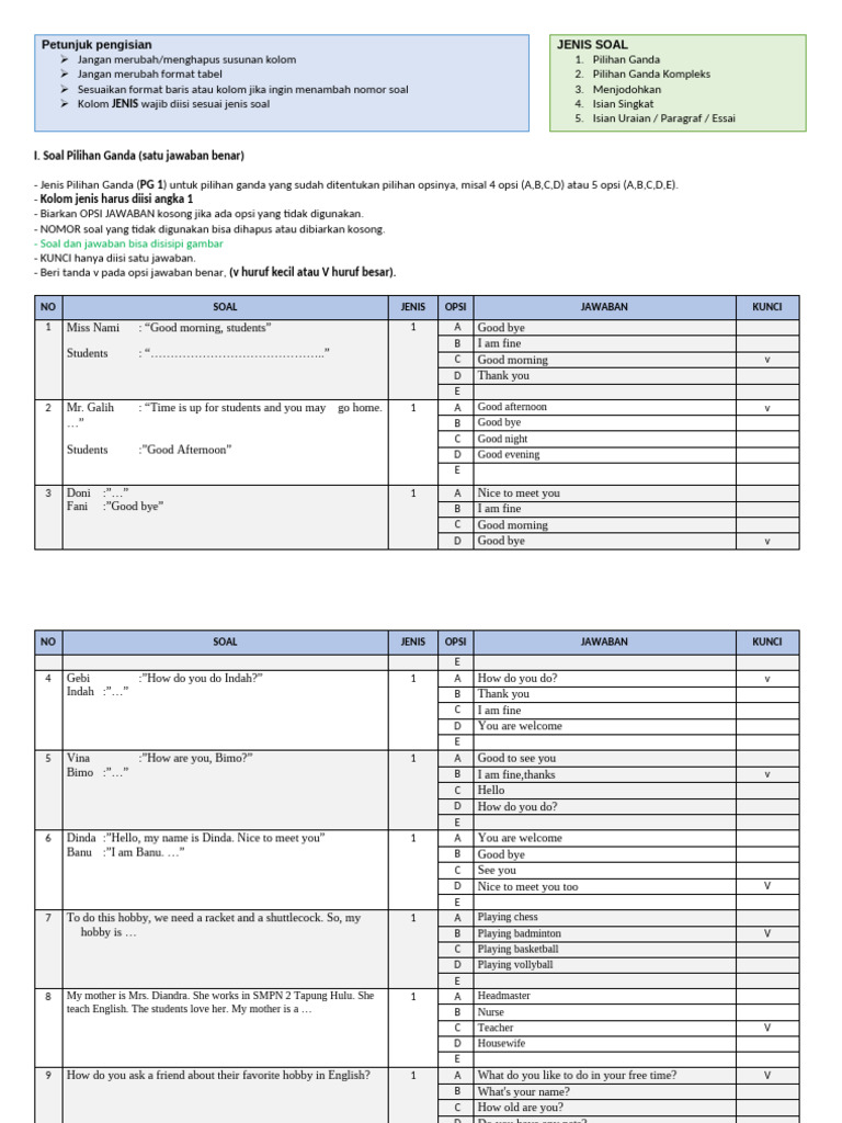 Template Soal Bahasa Inggris 1 | PDF
