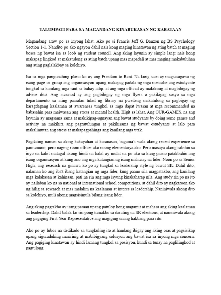 Talumpati para Sa Magandang Kinabukasan NG Kabataan | PDF