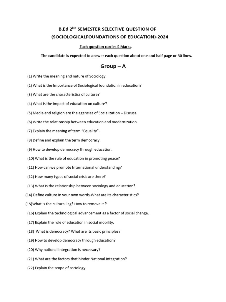 BED 2nd Sem Selective Questions (2024) | PDF