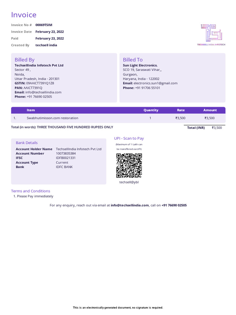 Invoice 00069tsim Techsellindia Infotech PVT LTD Sun Light Electronics ...