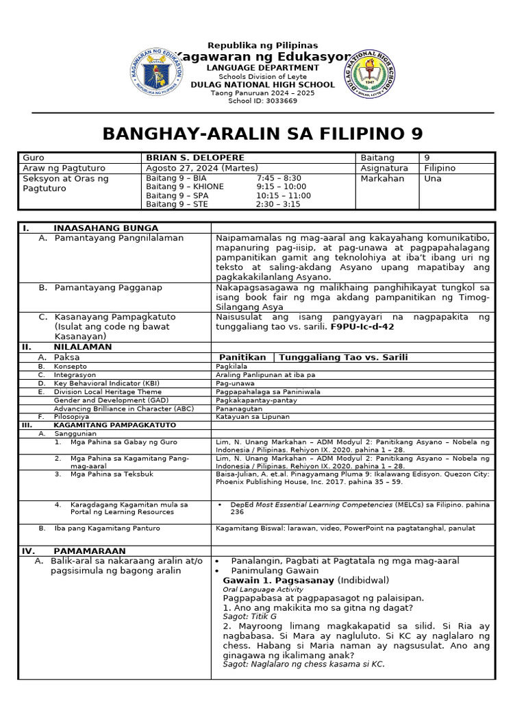 Banghay-Aralin Sa Filipino 9 (Unang Markahan) | PDF