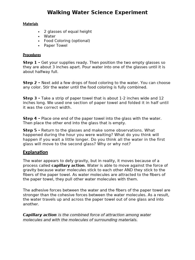 Walking Water Science Experiment | PDF