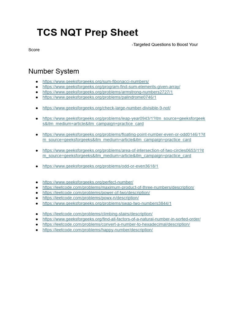 TCS NQT Prep Sheet (1).docx | PDF TCS NQT Prep Sheet (1).docx | PDF