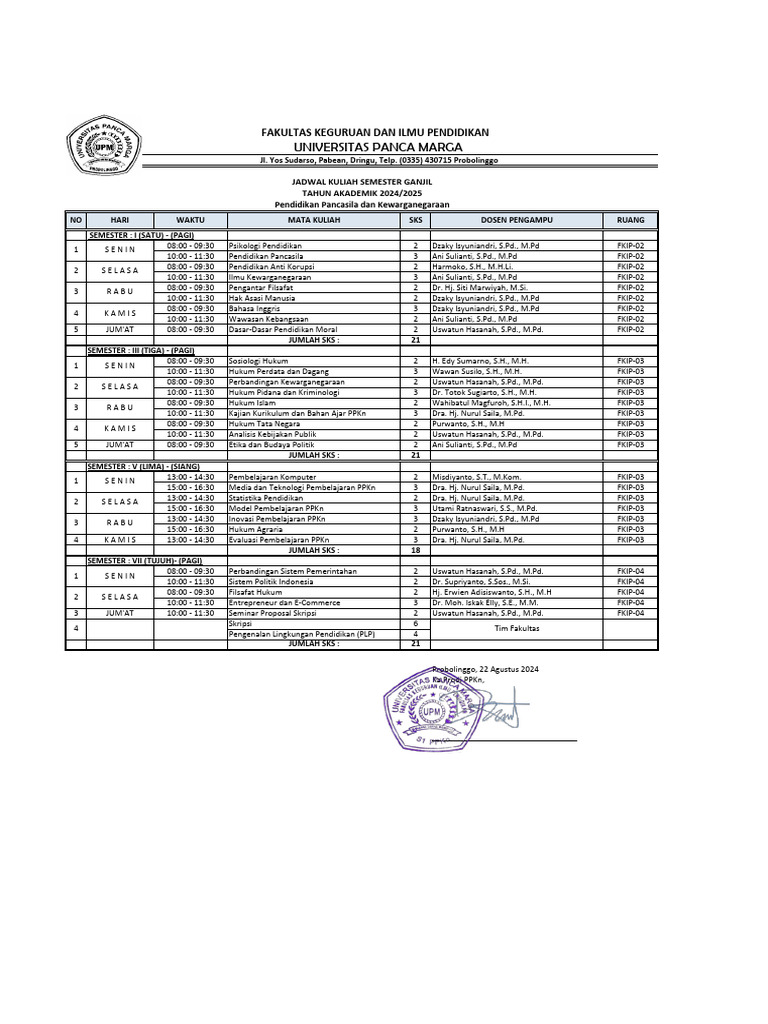 Jadwal Perkuliahan PPKn-FKIP Semester Ganjil 2024-2025 | PDF